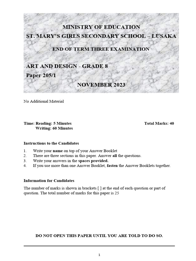 Grade 8 Art and Design Exam Paper | PDF | Drawing | Perspective (Graphical)