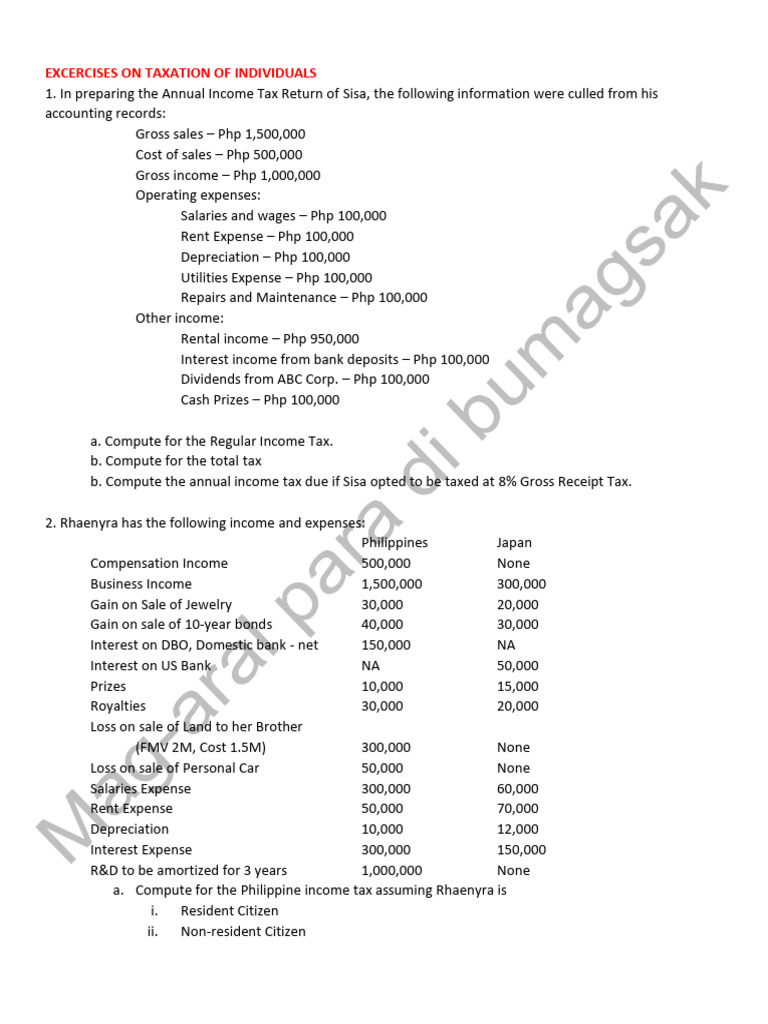 Individual Taxation Exercises | PDF | Expense | Income