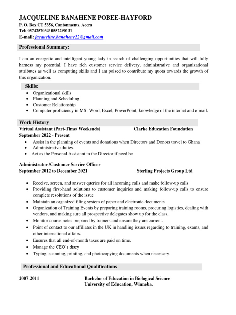 CV - Jacqueline Banahene Pobee-Hayford | PDF | Career & Growth | Art
