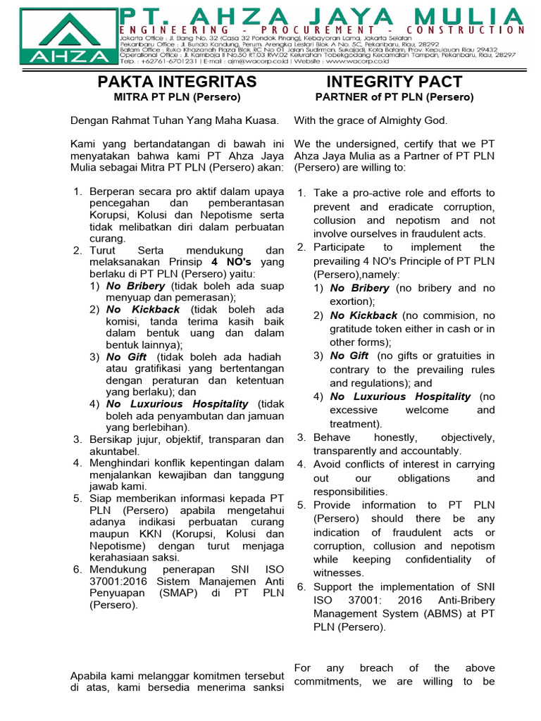 Form Pakta Integritas Mitra PLN Bilingual | PDF | Karier & Perkembangan | Pengembangan Diri