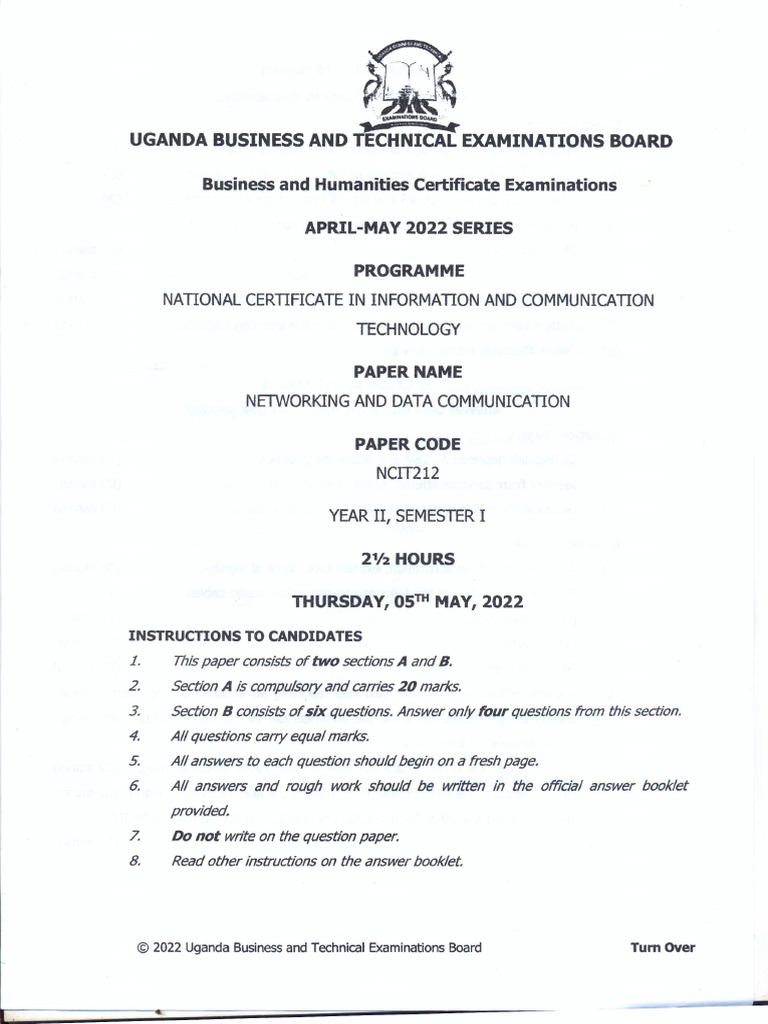 UBTEB PAST PAPER NCIT212 Network and Data Communication0001 MAY 2022 | PDF