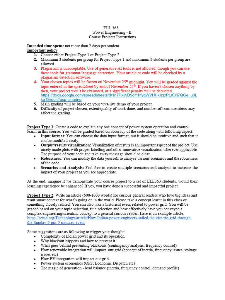 ELL 363 Project Instructions v6 | PDF | Electrical Grid | Matlab