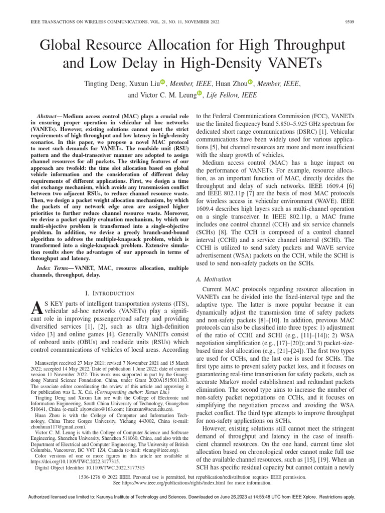 Global Resource Allocation For High Throughput and Low Delay in High-Density VANETs | PDF ...