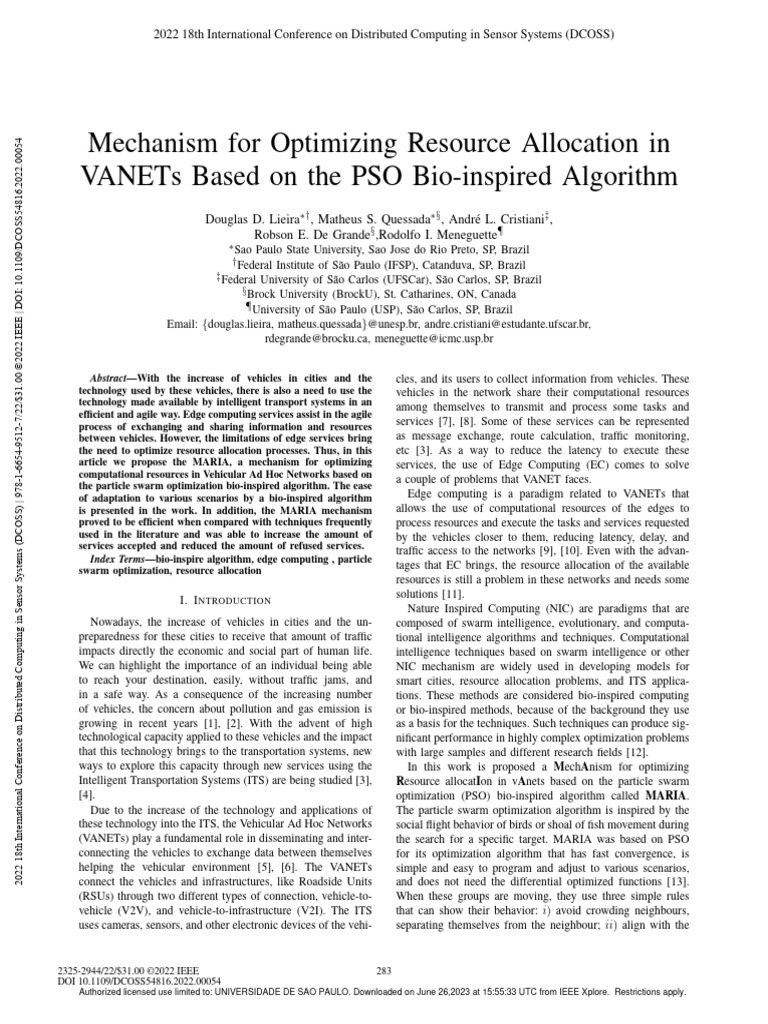 Mechanism For Optimizing Resource Allocation in VANETs Based On The PSO Bio-Inspired Algorithm ...