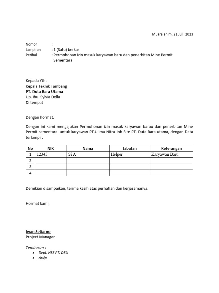 Contoh Surat Permohonan Izin Masuk Tambang | PDF