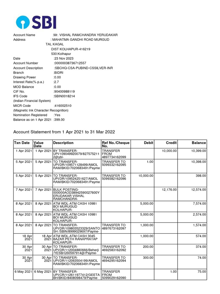 Account Statement From 1 Apr 2021 To 31 Mar 2022: TXN Date Value Date Description Ref No./Cheque ...