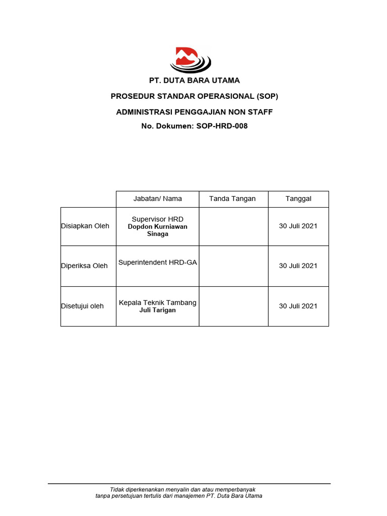 SOP - HRD.008 Administrasi Penggajian Non Staff | PDF SOP - HRD.008 Administrasi Penggajian Non Staff | PDF