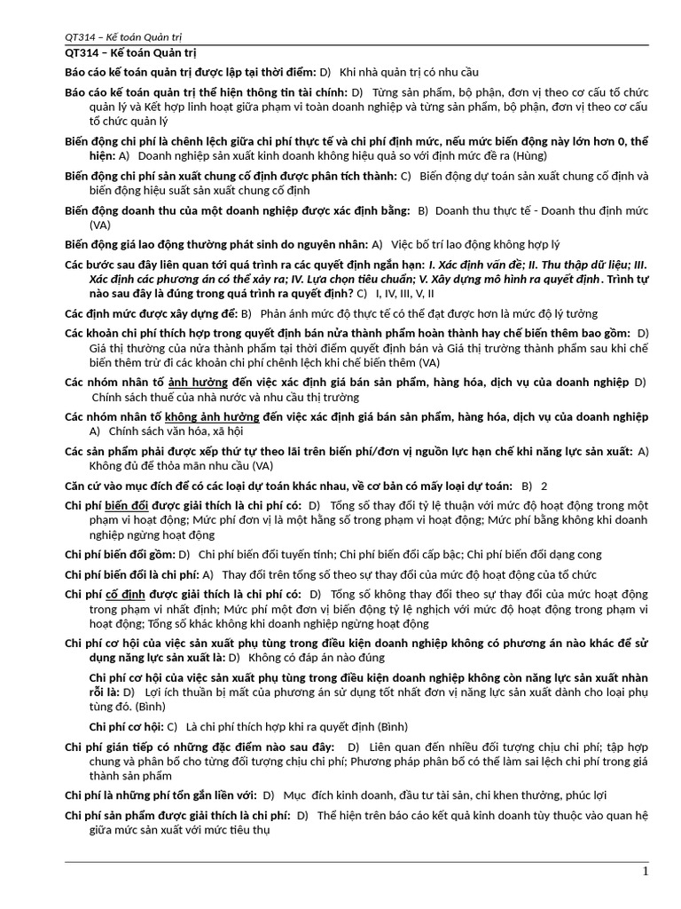 (123doc) Dap An Trac Nghiem Mon Qt314 Ke Toan Quan Tri | PDF