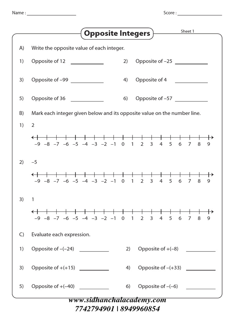 Opposite Integers Worksheet for Class 6 | PDF | Mathematics | Arithmetic