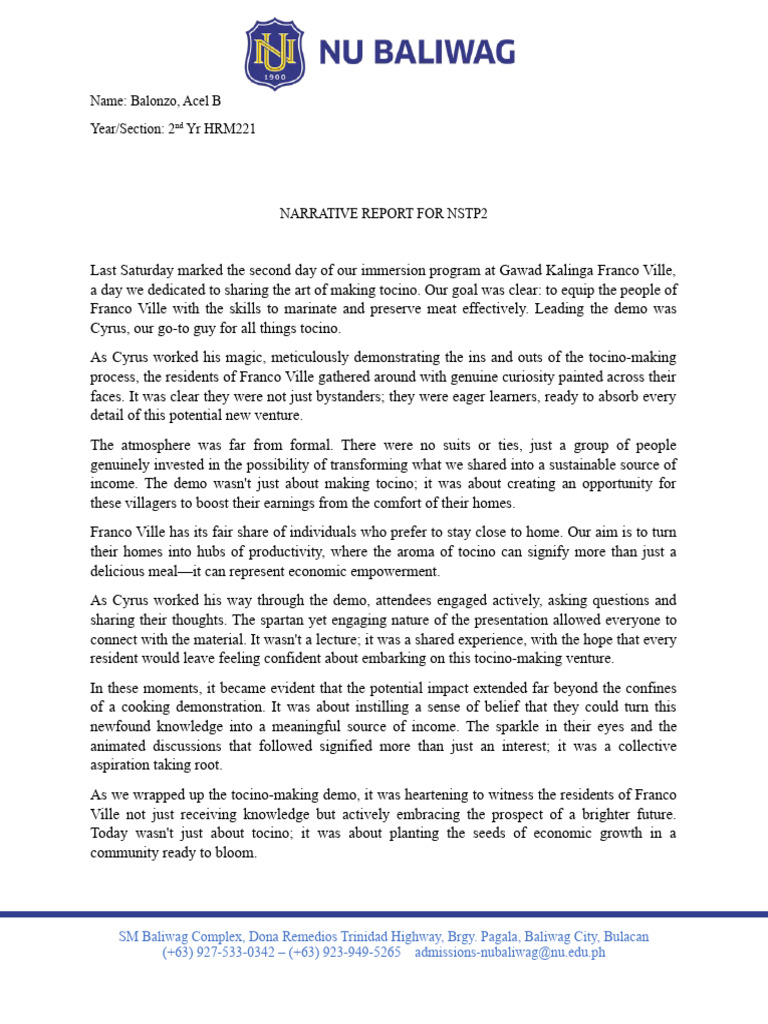 Narrative Report-NSTP - TocinoMaking | PDF | Learning | Behavior ...