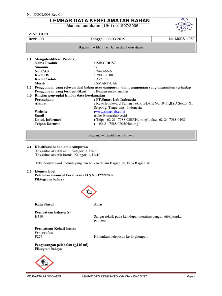 Lembar Data Keselamatan Zinc Dust | PDF