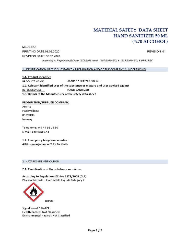 Data Sheet Hand Sanitizer 70 50 ML | PDF | Dangerous Goods ...