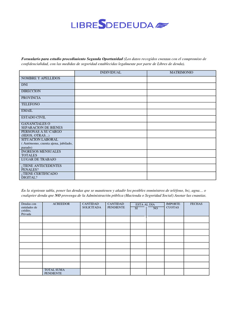 Formulario para Estudio Procedimiento Segunda Oportunidad | PDF | Deuda | Economias