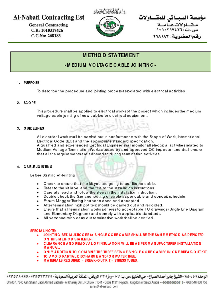 Method Statement - MV Cable Jointing | PDF | Electrical Connector | Pipe (Fluid Conveyance)