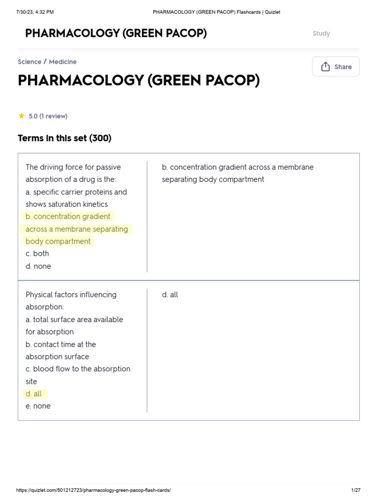 Pharmacology (Green Pacop) Flashcards - Quizlet | PDF | Medicine ...