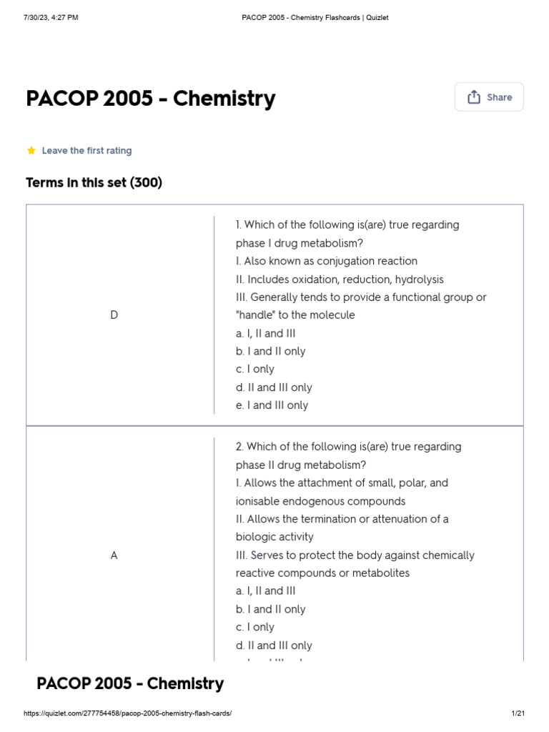 PACOP 2005 - Chemistry Flashcards - Quizlet | PDF | Drug Metabolism ...