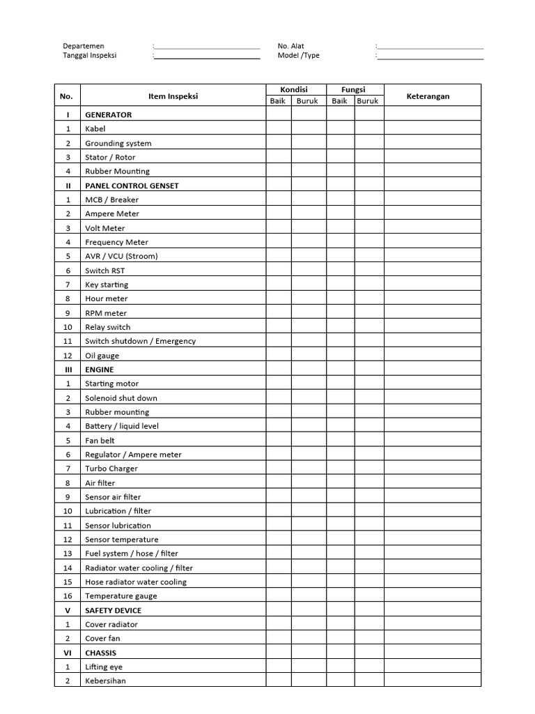 Form Check List Inspeksi Generator | PDF