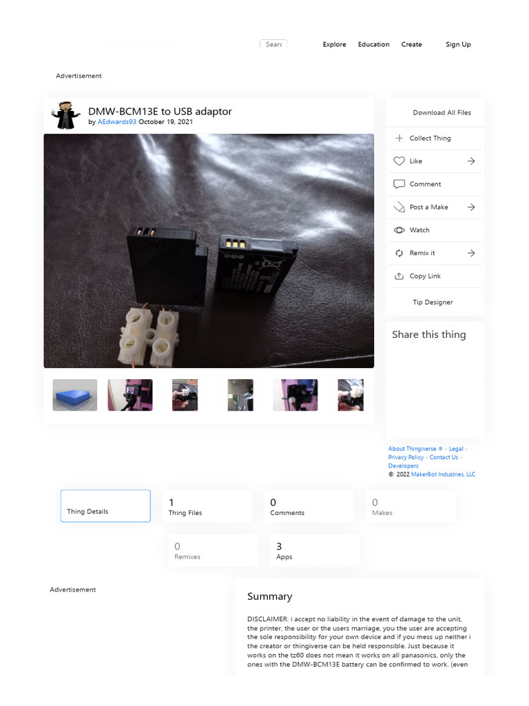 DMW-BCM13E To USB Adaptor by AEdwards93 - Thingiverse | PDF | Computing