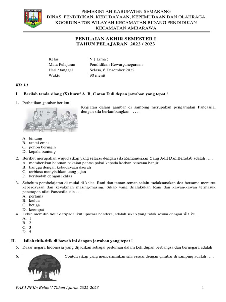 Soal PAS PPKn Kelas V 2022/2023 | PDF | Ilmu Sosial