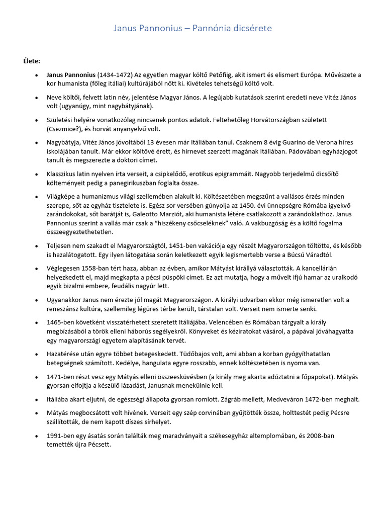 Janus Pannonius - Pannónia Dicsérete | PDF