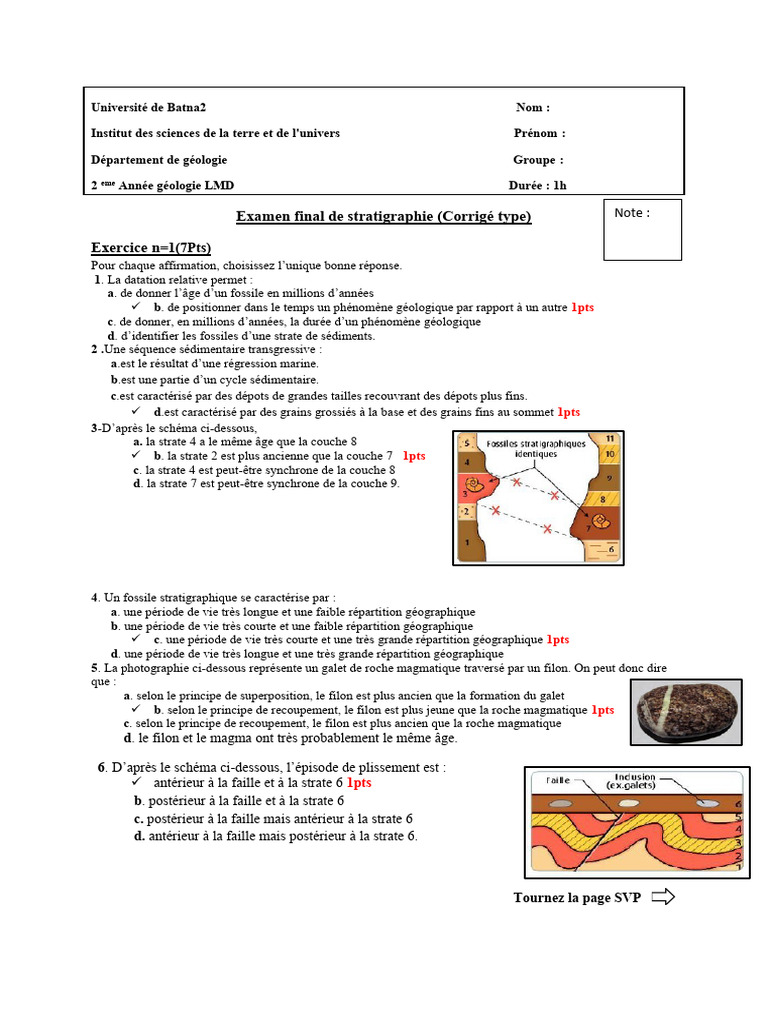 Examen de Stratigraphie - Batna 2 | PDF | Géologie | Strate