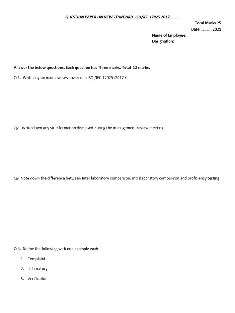Question Paper On ISO IEC 17025-2017 - March 2021 | PDF