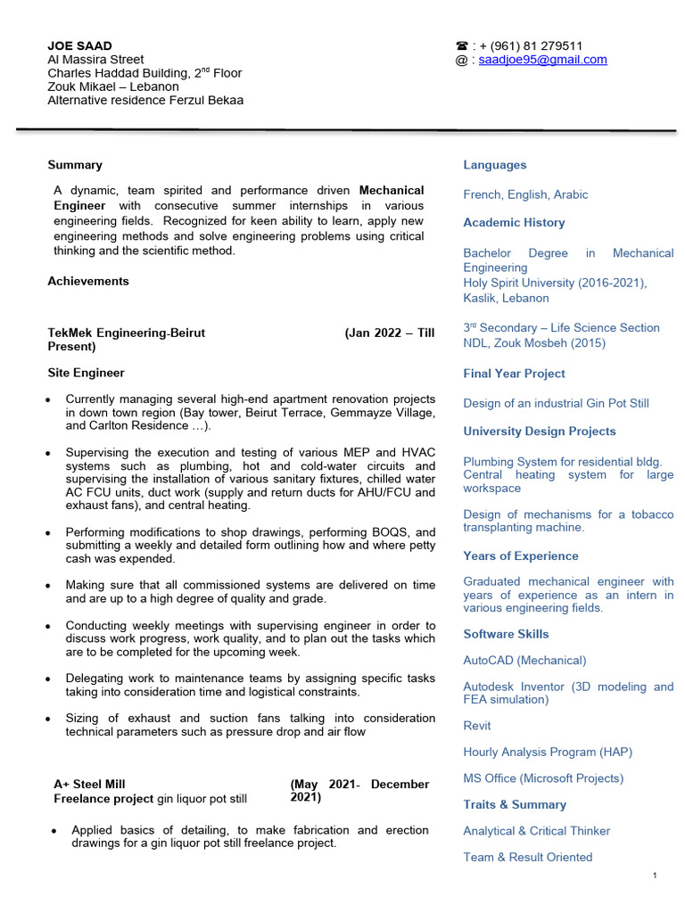 CV Joe Saad - Updated | PDF | Engineering | Physical Sciences