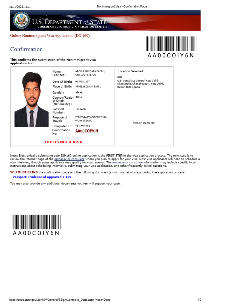 Nonimmigrant Visa Application Confirmation - CH I LDS PLINTON | PDF ...