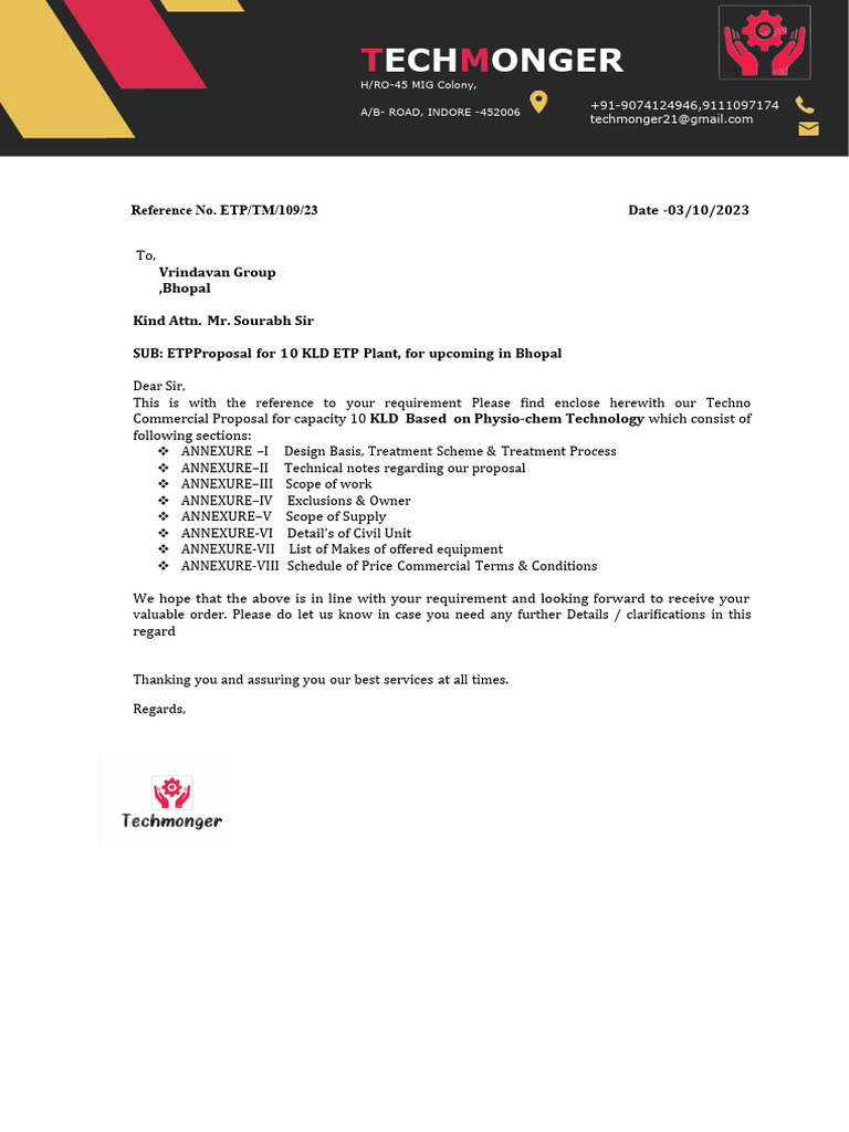 Techno-Commercial Offer 100 KLD STP, Betul Based On MBBR Hybrid | PDF ...