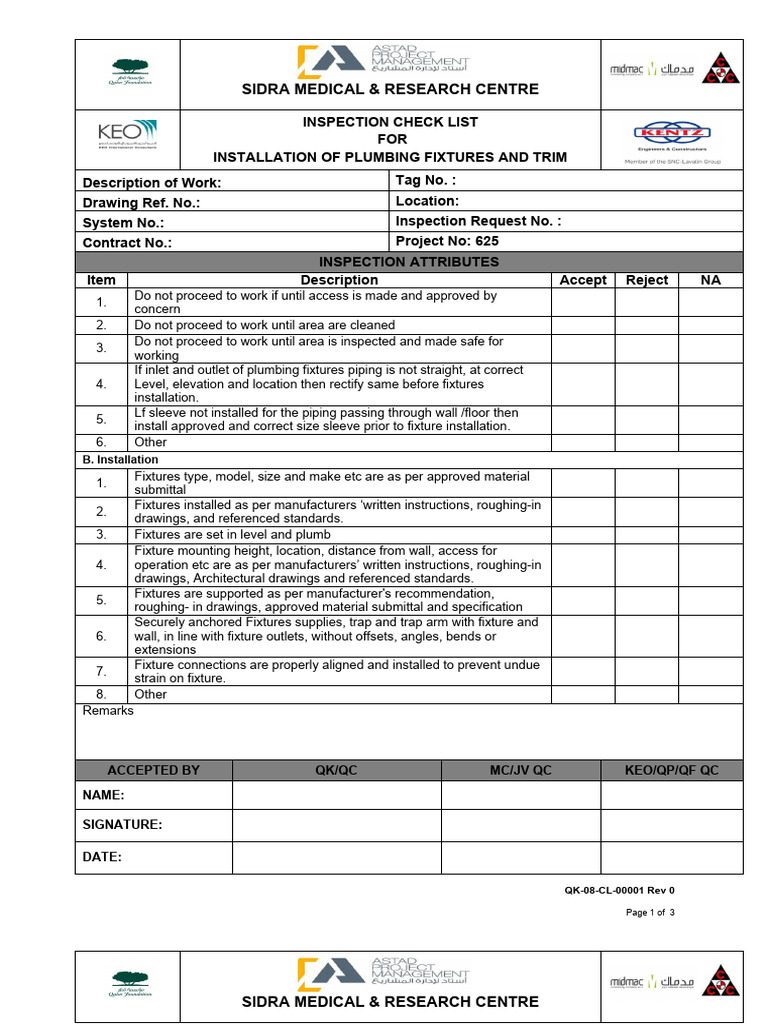2.1 QK-CL-08-00001-Installation of Plumbing Fixtures and Trim | PDF ...