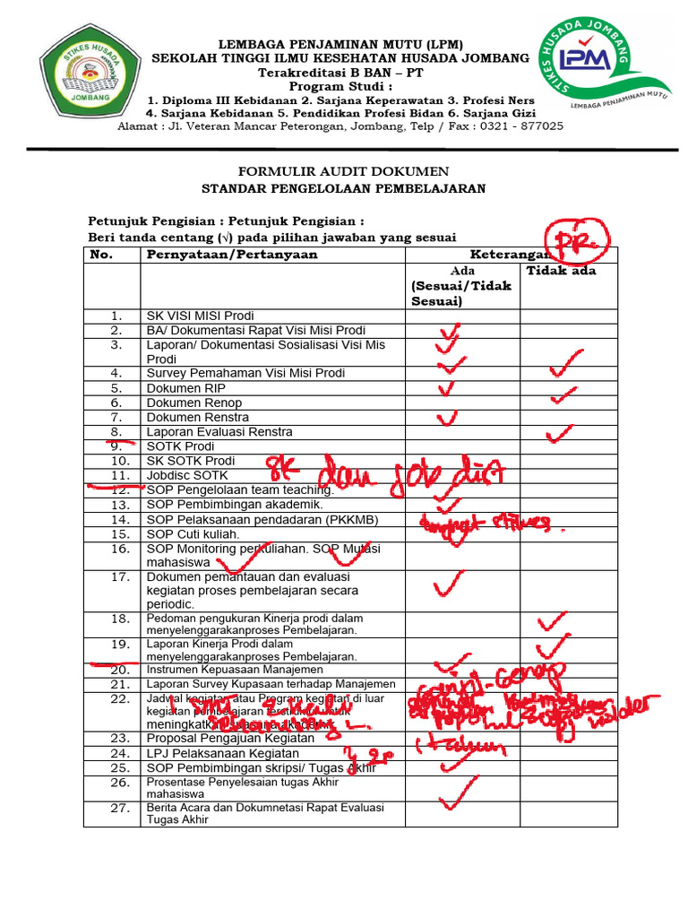 Formulir Audit Dokumen Pengelolaan Pembelajaran | PDF