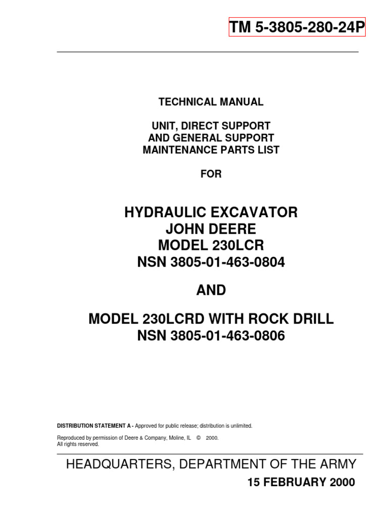 Hydraulic Excavator John Deere Model 230Lcr NSN 3805-01-463-0804 AND ...
