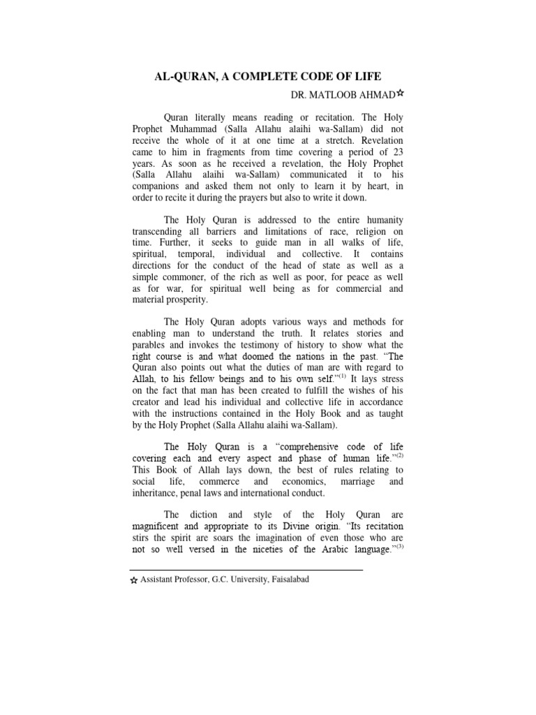 Al-Quran, A Complete Code of Life. Dr. Matloob Ahmad | PDF | Quran | Islam