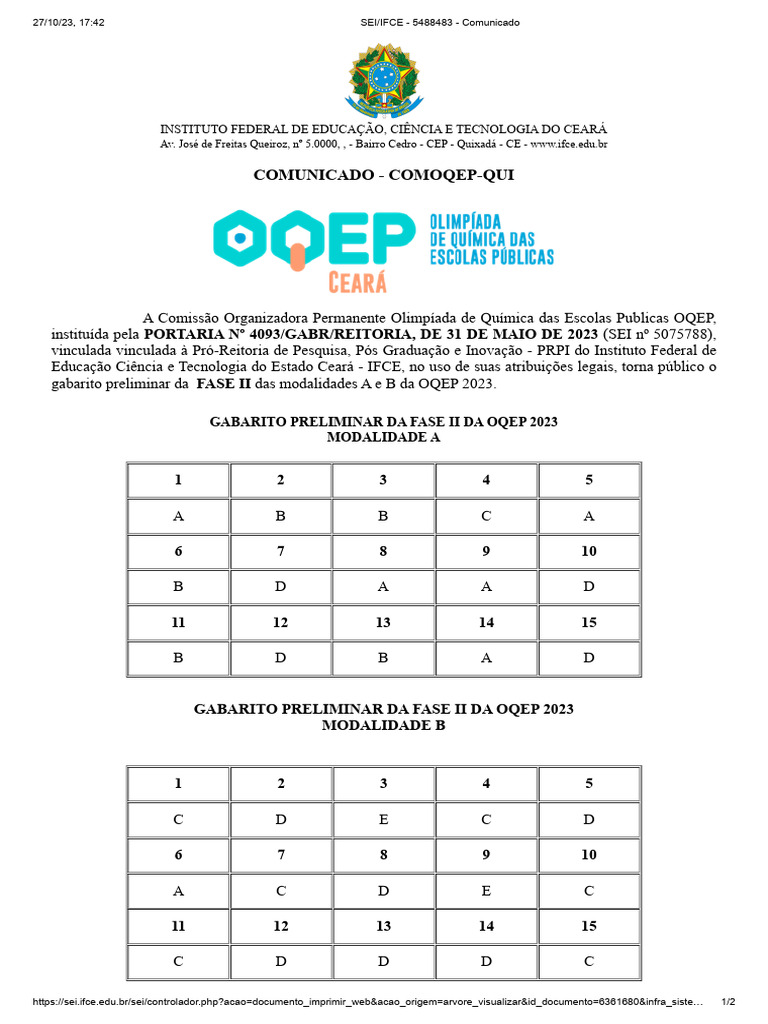 OQEP 2023 - Gabarito Preliminar Fase 2 - Modalidades A e B | PDF