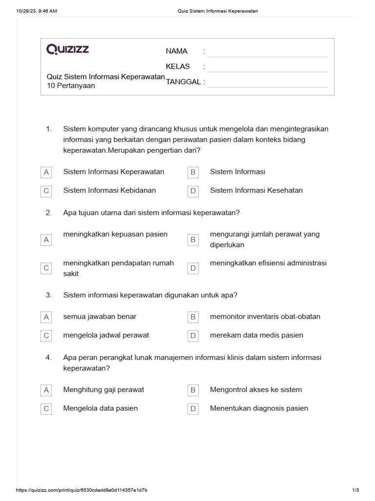 Quiz Sistem Informasi Keperawatan | PDF | Kesehatan Holistik | Sains & Matematika