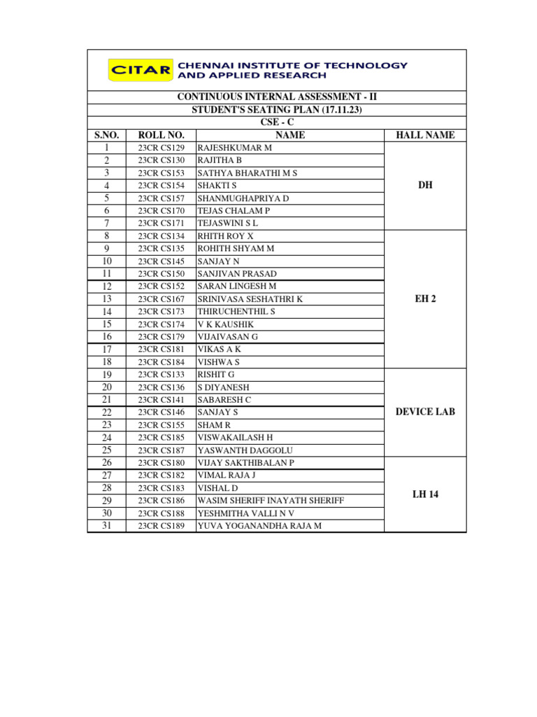 CSE C Seating Plan (17.11.23) | PDF