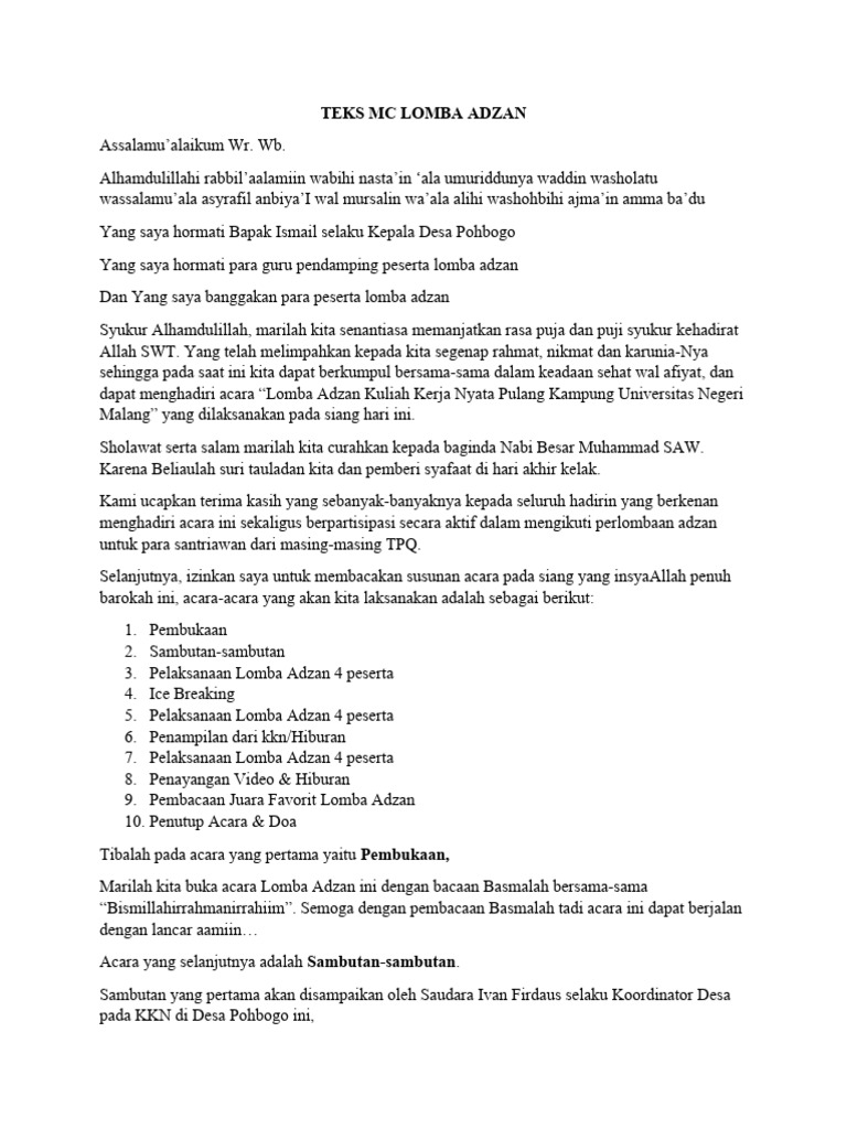 Teks MC Lomba Adzan | PDF