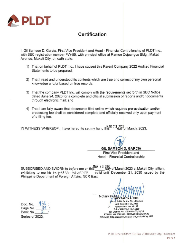 PLDT Inc. (Parent Company) - 2022 Audited Financial Statements ... PLDT Inc. (Parent Company) - 2022 Audited Financial Statements ...