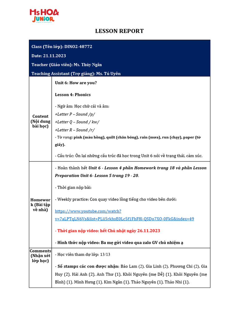 Lesson Report - U6 - l4 - Newbie - 21112023 | PDF