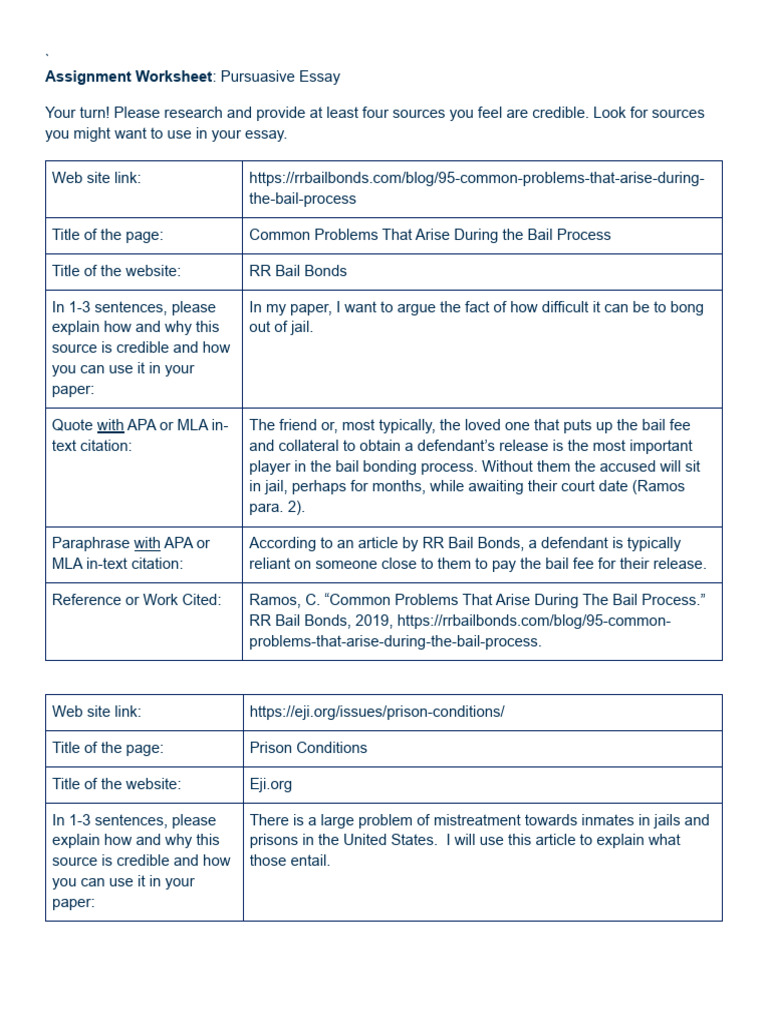 Research Worksheet (1) Pursuasive Essay | PDF | Prison | Bail