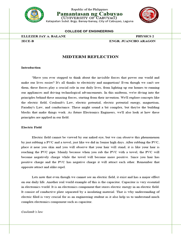 Physics 2 - Midterm Reflection | PDF | Electrical Resistance And ...