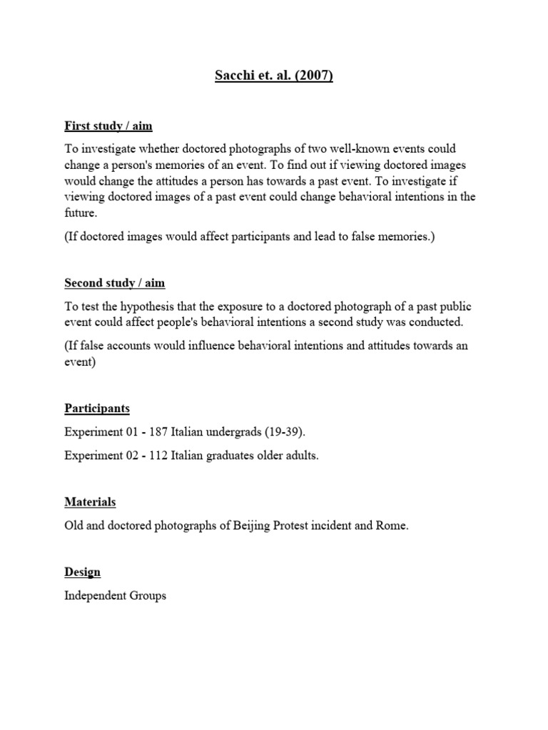 Sacchi Et. Al (2007) | PDF | Self Report Study | Psychology
