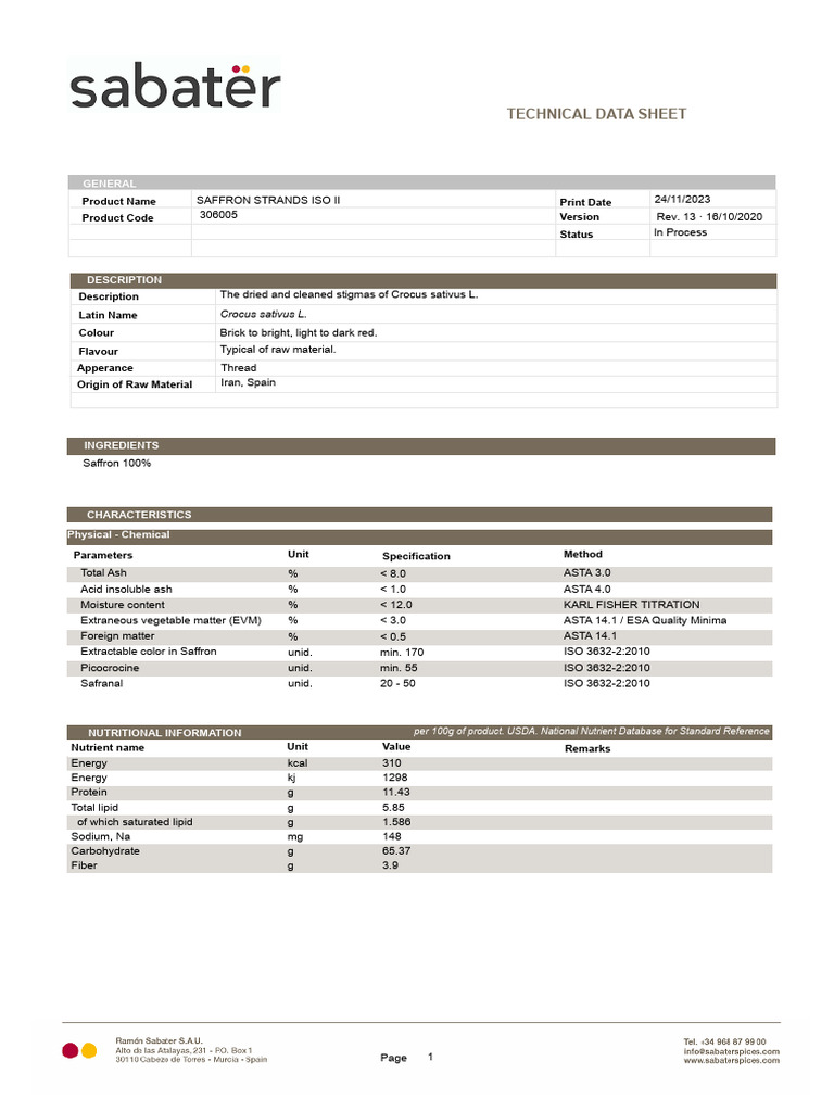 TDS - Saffron Strands Iso Ii | PDF | Materials