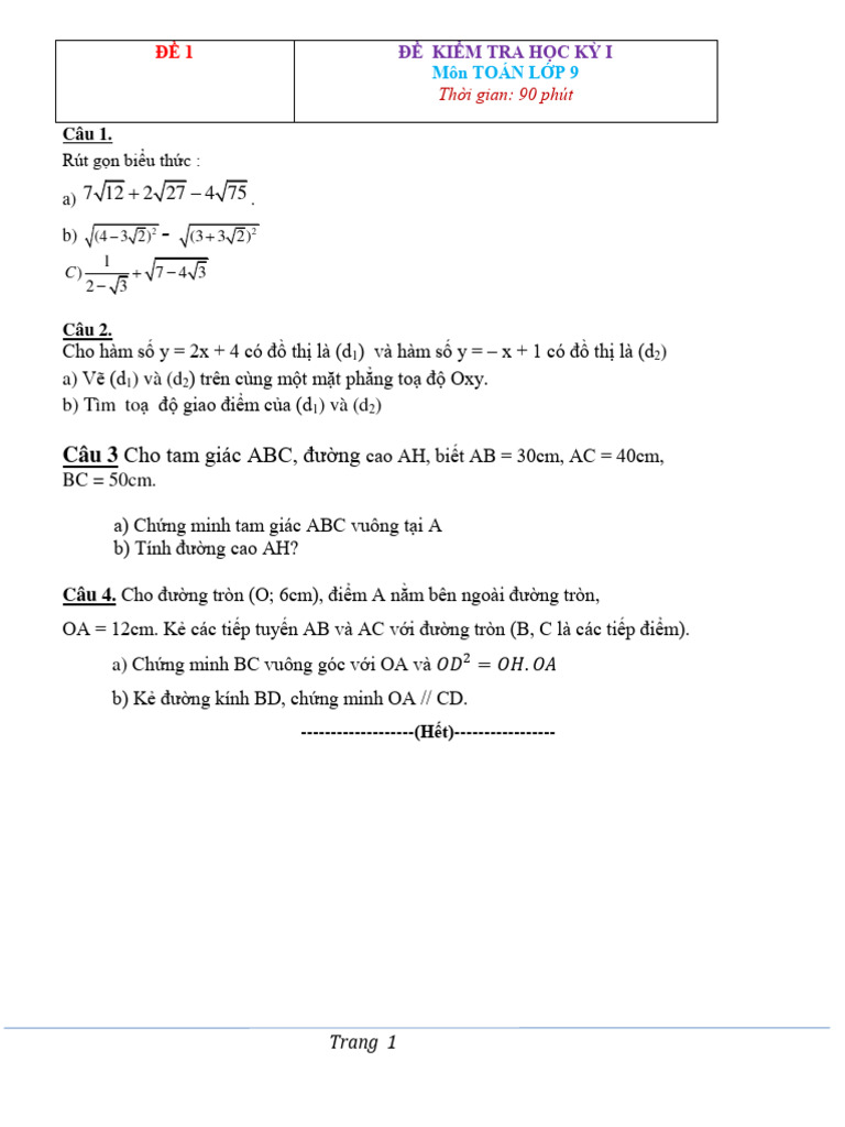 20 de Thi HK1 Toan 9 | PDF