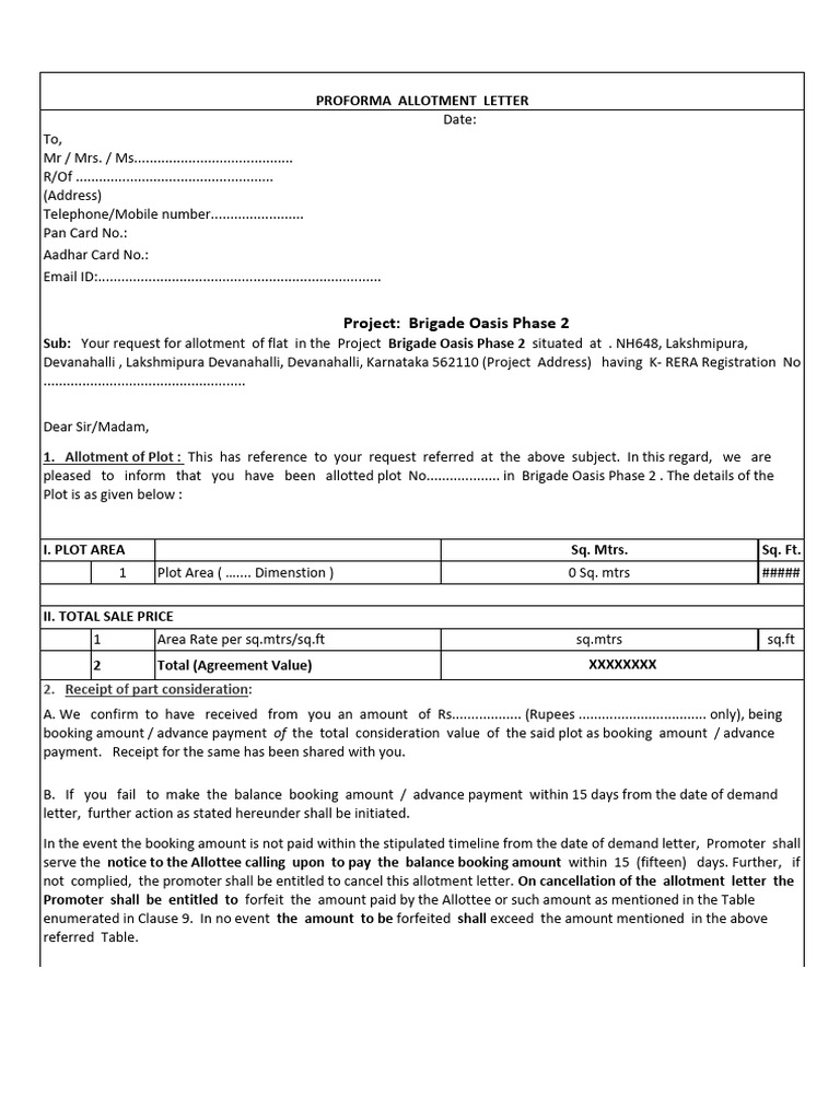 Brigade Oasis Phase 2 Allotment Letter | PDF | Interest | Value Added Tax