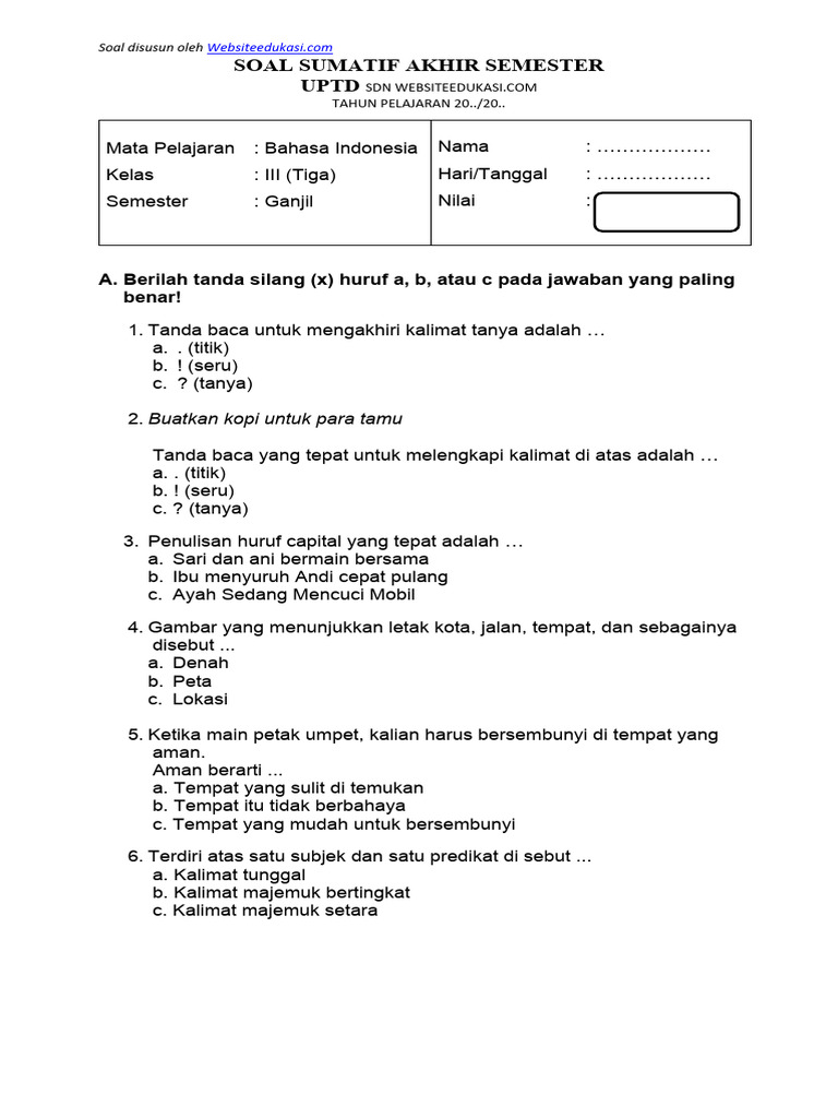 Soal SAS B.indonesia Kelas 3 | PDF