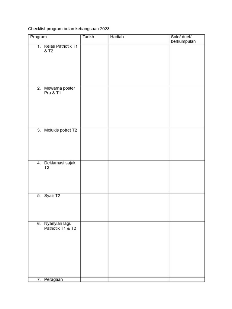 Checklist Program Bulan Kebangsaan 2023 | PDF