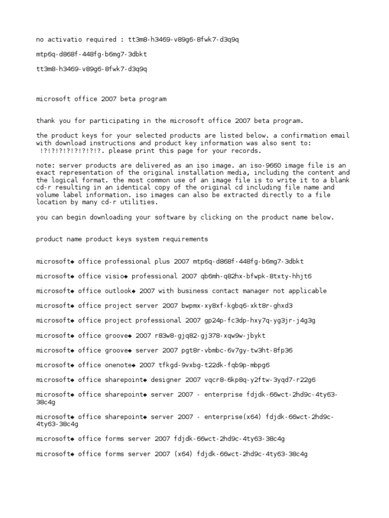 Office 2007 Product Keys List | PDF | Share Point | System Software