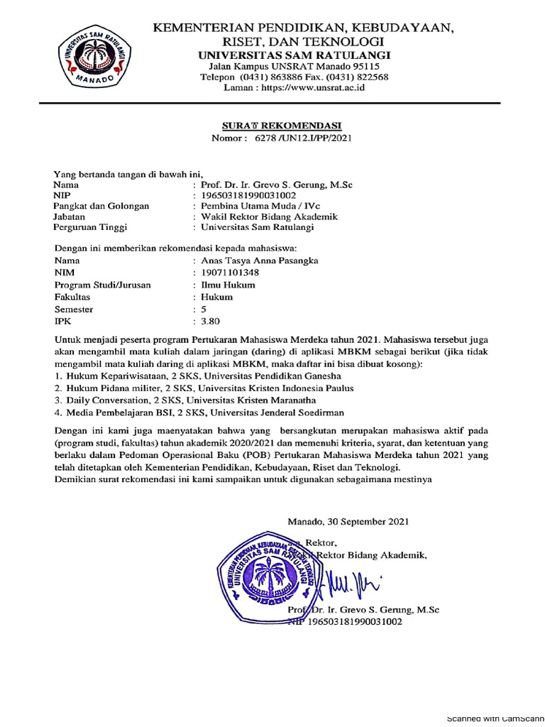 Surat Rekomendasi Mahasiswa Universitas | PDF