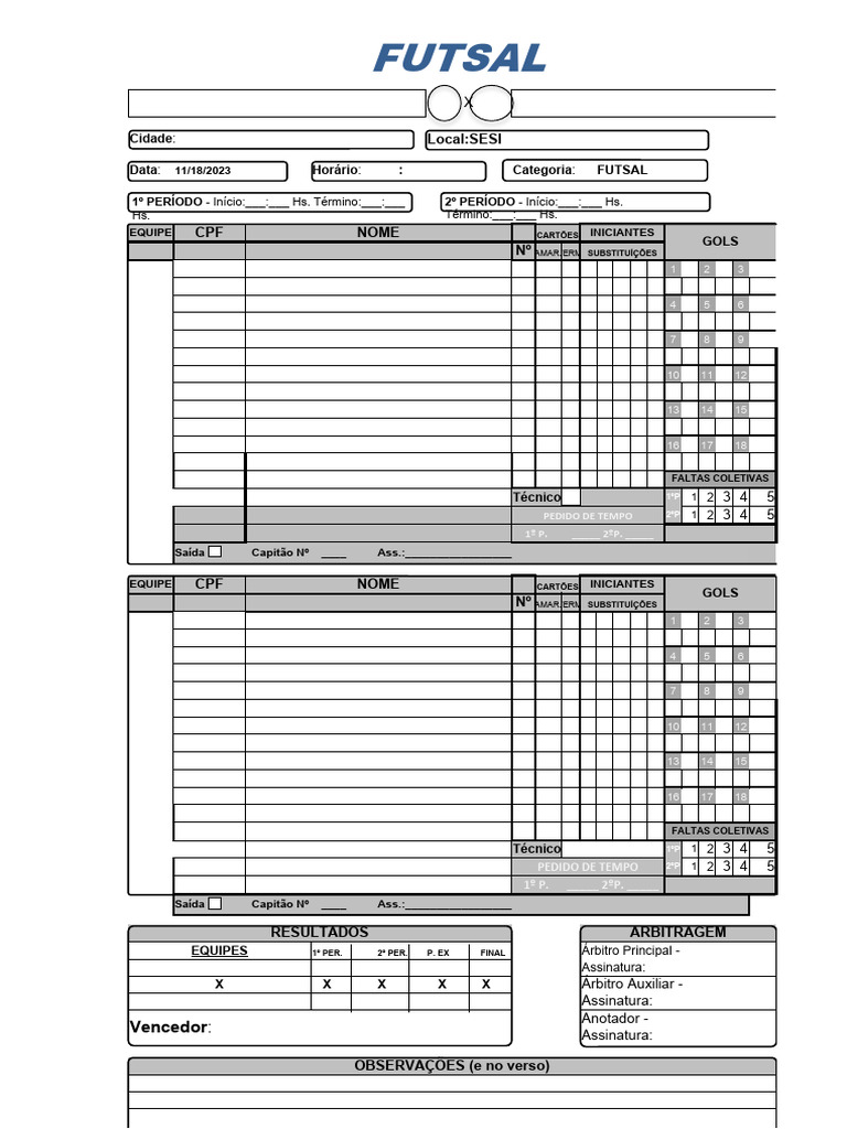 Modelo de Súmula de Futsal | PDF